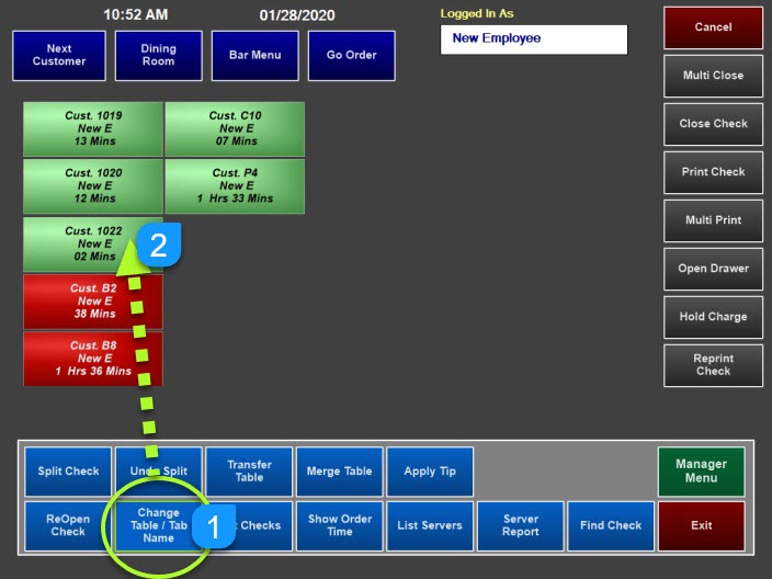 Changing a tab name or transferring a party to another table – MicroSale
